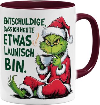 OM3 lustige Anti Weihnachten Kaffee-Tasse mit Spruch - Entschuldigung, dass ich so launisch bin - Keramik Becher - 325ml - Beidseitig Bedruckt - Bordeaux