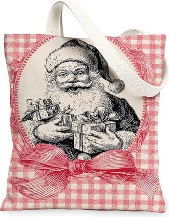 Generic Sacs fourre-tout vintage en toile motif P&egrave;re No&euml;l, sacs d&eacute;picerie r&eacute;utilisables, l&eacute;gers et lavables avec bandouli&egrave;re, Rouge, 13x15 Inch