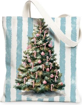 Generic Sacs fourre-tout en toile motif sapin de No&euml;l, sacs d&eacute;picerie r&eacute;utilisables, ray&eacute;s, l&eacute;gers et lavables, toile pour voyage en plein air, 33 x 38 cm