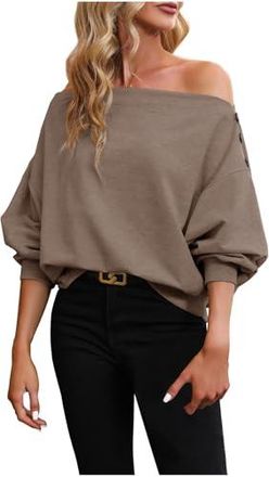 Generic Sweatshirt Sport Femme &agrave; Col Oblique- Haut &eacute;paules D&eacute;nud&eacute;es Manche Longue-Top Sexy D&eacute;Contract&eacute; Ample Couleur Unie Pullover Chic Et &eacute;l&eacute;gant Classique D