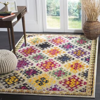 Safavieh Boho Teppich f&uuml;r Wohnzimmer, Esszimmer, Schlafzimmer - Monaco Collection, Kurzer Flor, Elfenbein und Multi, 122 X 122 cm