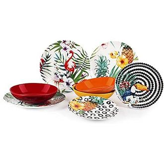 Excelsa Tropical Chic Service Table, Porcelaine, multicolore, 18 unit&eacute;s
