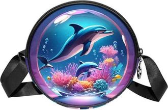 Generic Sac &agrave; bandouli&egrave;re rond pour femme, motif dauphin, boule de cristal, petit sac &agrave; bandouli&egrave;re avec fermeture &eacute;clair, bretelles r&eacute;glables, sac &agrave; main ron