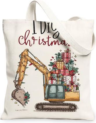 Generic Sacs fourre-tout en toile motif excavatrice de No&euml;l, sacs d&eacute;picerie r&eacute;utilisables, l&eacute;gers et lavables avec bandouli&egrave;re en toile, beige, 13x15 Inch