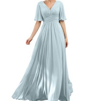 Generic Robe de demoiselle dhonneur en mousseline de soie avec col en V et volants plissés pour femme - Robe longue de cocktail formelle, Grace 10, L