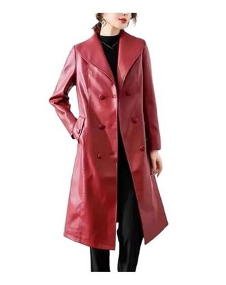 Generic Trench long en simili cuir pour femme - Double boutonnage avec ceinture et revers crant&eacute; slim coupe-vent, Rouge, M