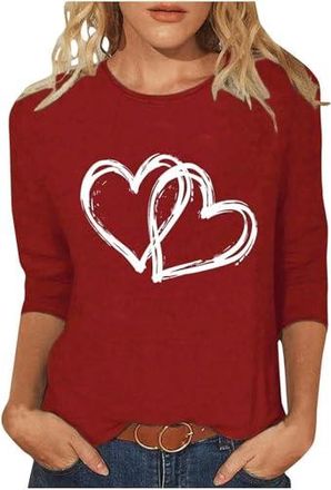 Generic T-shirt d&eacute;contract&eacute; &agrave; col rond et manches trois-quarts imprim&eacute; pour la Saint-Valentin 2026 (3), Rouge, 3XL