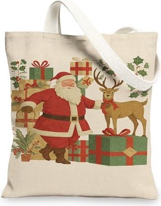 Generic Sacs fourre-tout en toile de vacances, motif renne du Père Noël, sacs réutilisables, sacs vintage de Noël légers et lavables à bandoulière fourre-tout