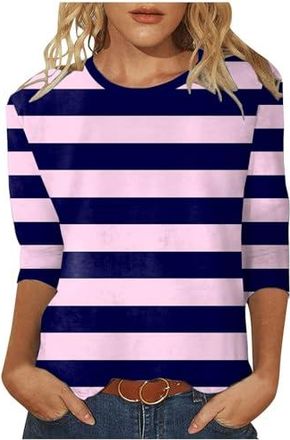 Generic T-shirt d&eacute;t&eacute; &agrave; manches 3/4 pour femme - Ray&eacute; tendance - Haut de sport ample - Col rond - Coupe ample - Rayures mignonnes - Printemps 2025 - T-shirt gr