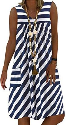 ORANDESIGNE Robe Été Femme de Plage Rétro Robes Col V Robes au Genou sans Manche Unie Casual Tuniques Ample Décontractée Midi Robe B Bleu 46