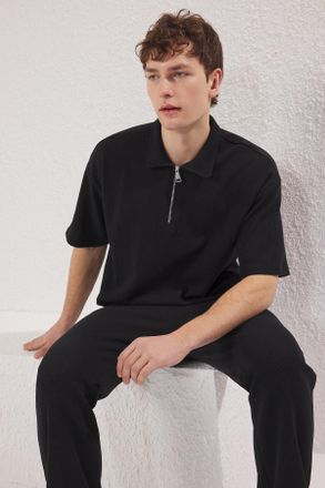 Trendyol MAN Herren Schwarz Einfarbig Kurz Oversize Poloshirts
