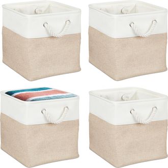 Relaxdays Aufbewahrungskorb, 4er Set, Leinen, mit Seilgriffen, Kleidung, Spielzeug, 28x28x28 cm, Regalkorb, beige/weiß