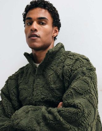 Asos sweat oversize &agrave; demi-zip en borg textur&eacute; avec col chemin&eacute;e vert
