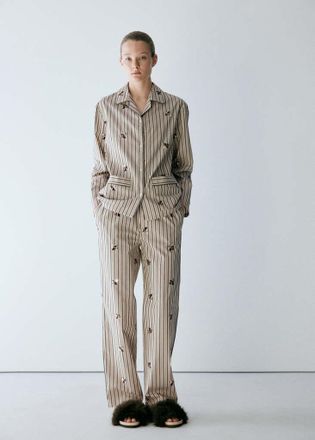 Mango Pantalon de pyjama &agrave; rayures, fleurs brod&eacute;es et paillettes sable - Femme - S - MANGO