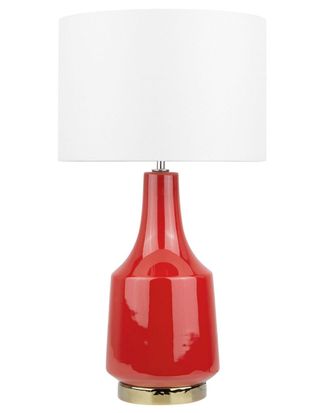 Beliani Moderne Tischlampe effektive Farbe Keramik/Poly-Baumwolle rot/cremewei&szlig; Triversa