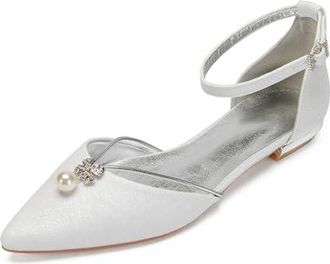 Generic Mariage À Bout Fermé Brillants Chaussures Plates Mariée À Bout Pointu pour Femmes Robe Cheville Plates 1.8Cm,Ivoire,37 EU
