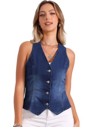 Allegra K Damen Jeansweste mit V-Ausschnitt Knopfleiste Modische Elegant &Auml;rmellos Denim Weste Jacke Dunkelblau XS