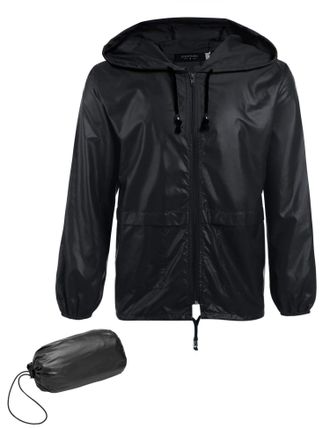 Coofandy Regenjacke Herren Leicht Regen Jacke Faltbarer Regenmantel mit Kapuze Outdoor Jacke Wasserdicht Windbreaker Fahrrad Regenkleidung mit Kapuze Schwarz 3