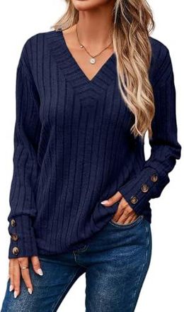 Dokotoo Pull Femme Chic et Elegant Pulls en Tricot Col V Manches Longues Sweat Léger Automne Hiver Chaud Haut, Bleu, XL