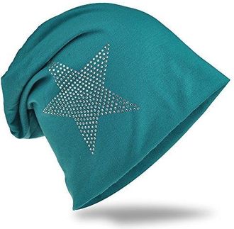 Miobo Jersey Slouch Bonnet long tendance avec &eacute;toile en strass, unisexe, couleur unie, pour homme ou femme - vert - Taille unique