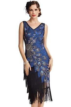 Babeyond Robe à Franges et à Motif de Paon à Sequins de Style rétro années 1920, Gatsby Le Magnifique, Taille XL