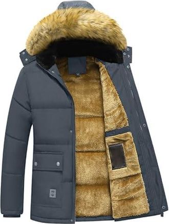 Generic Parka dhiver thermique pour homme avec doublure en polaire et capuche en fausse fourrure - Manteau chaud et coupe-vent, noir foncé, 3XL