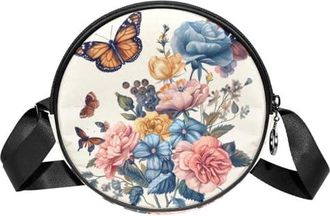 Generic Sac &agrave; bandouli&egrave;re rond pour femme, motif papillon, fleurs, petit sac &agrave; bandouli&egrave;re avec fermeture &eacute;clair, bretelles r&eacute;glables, sac &agrave; main rond d&eacute;contr