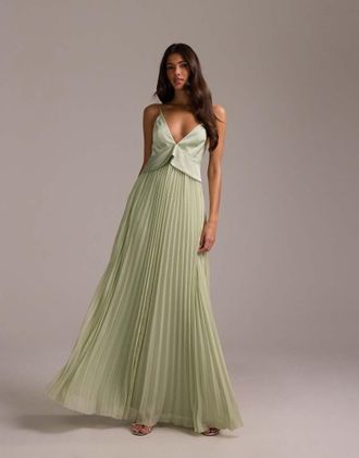 Asos Robe longue hybride de demoiselle dhonneur &agrave; fines bretelles et jupe pliss&eacute;e - Vert sauge