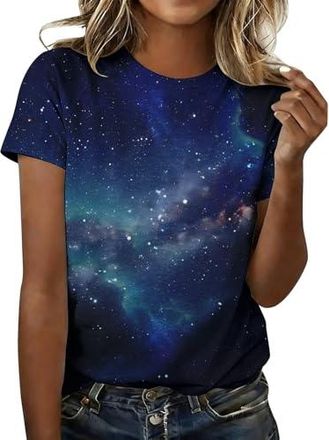 Generic Galaxy T-shirt pour femme - Imprim&eacute; galaxie 3D - Chemisier ciel &eacute;toil&eacute; - Plan&egrave;tes - Costume univers, hauts de festival, tenue &agrave; manches courtes - Col 