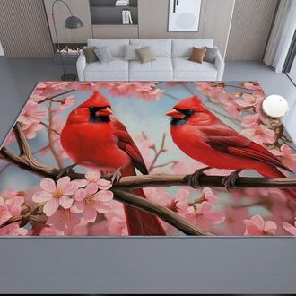 Generic Rouge Tapis pour Salon 160 x 230 cm, Lavables avec Dos Antid&eacute;rapant, Tapis &agrave; Poils Courts Imprim&eacute; Nature Oiseaux Fleurs De Cerisier pour Cuisine Salle