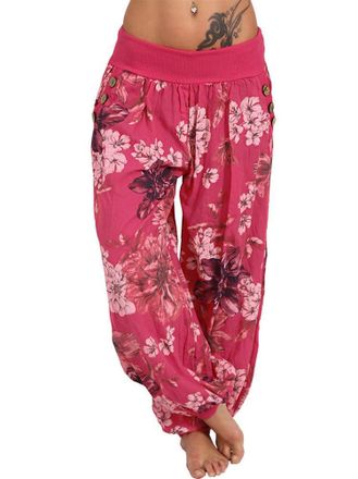 TOMWELL Yogahose Damen L&auml;ssige Blumenmuster Haremshose Lang Strandhose mit Taschen A Rose Rot XS