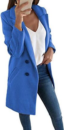 Onsoyours Manteau Jacket Trench Coat Femme Gilet Blazer Manteau Hiver Femme Bouton de Mode Long Veste OL Vintage Chaud Manches Longues en Laine (38, Bleu)
