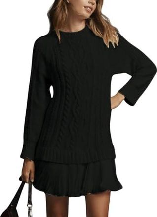 Generic Robe pull d&eacute;contract&eacute;e en tricot torsad&eacute; &agrave; col roul&eacute; pliss&eacute; pour femme, Noir, XXL