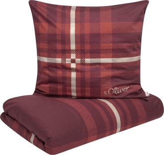 s.Oliver Feinflanellbettwäsche 140 x 200 cm - 100% Baumwolle, Reißverschluss, anschmiegsam, weich & waschbar,Flanellbettwäsche kariert rot beige Östtereich Grö