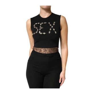 Dolce & Gabbana Femme, Tops, Noir, Taille: 44 FR D&eacute;bardeur en jersey avec dentelle, fronces et strass