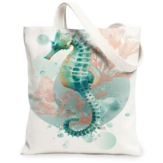 Generic Sacs fourre-tout en toile motif hippocampes oc&eacute;aniques, sacs d&eacute;picerie r&eacute;utilisables, l&eacute;gers et lavables, blanc, 13x15 Inch