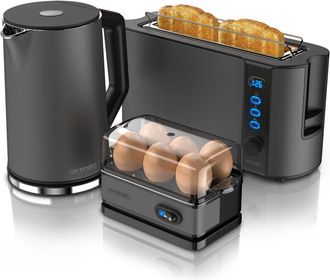 Arendo Arendo Fr&uuml;hst&uuml;cks Set in Grau - Wasserkocher / Langschlitz Toaster / Eierkocher
