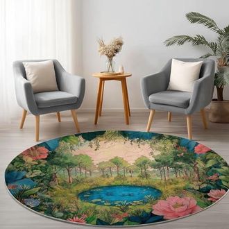 Generic Rose Vert Tapis Fantaisie Rond Antid&eacute;rapant, Lacs Fleurs For&ecirc;ts Motif Doux Tapis Poils Courts pour Salon Couloir Chambre Cuisine Descente de Lit - 120