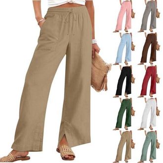 Generic Pantalon d&eacute;t&eacute; en lin pour femme - Long - L&eacute;ger et a&eacute;r&eacute; - Pantalon en lin &eacute;lastique - Taille haute - Pantalon de loisirs - Couleur unie - Confortable -
