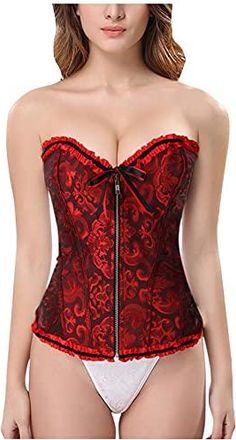 FNKDOR Bustiers et Corsets Femme Sexy Corset Dentelle Steampunk Gothique Bustier Grande Taille Lingerie Ventre Plat(B rouge,4XL)