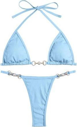 Generic Maillot De Bain 2 Pieces Femme Amincissant Deux pièces Multicolore uni, Tobikini avec Coussinets de Poitrine Amovibles, sans Armatures (Light Blue, L)
