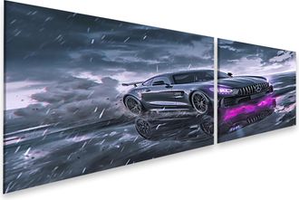 Islandburner Bild auf Leinwand Mercedes im Gewitter mit lila Neonlicht für Wohnzimmer Auto-Enthusiasten Autohaus Bilder Wandbilder Poster