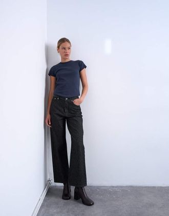 Topshop Column - Jean droit &agrave; rayures et taille mi-haute - Noir