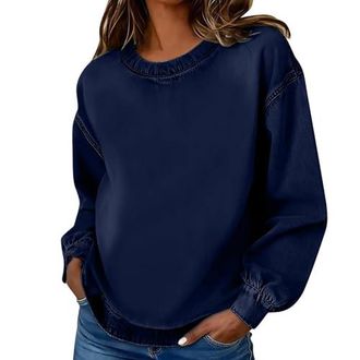 Generic Sweat-shirt pour femme sans capuche surdimensionn&eacute; &agrave; col rond en jean &agrave; manches longues en denim de couleur unie l&eacute;ger pull d&eacute;contract&eacute; coupe ample pr