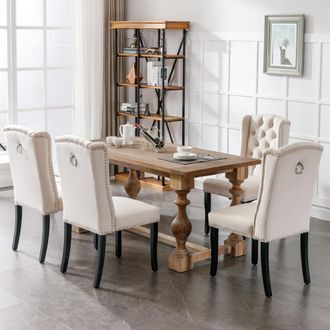 Merax Samt Esszimmerst&uuml;hle 4er Set mit Eichenbeinen, Chromklopfer, Knopfdesign und Nagelkopfbesatz, hoher Sitzkomfort, Beige + Schwarz