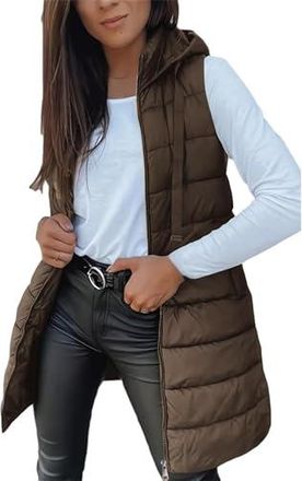 Generic Long gilet bouffant pour femme, couleur unie, sans manches, à fermeture éclair, vêtement dextérieur chaud à capuche bouffant avec poches, café, XXL