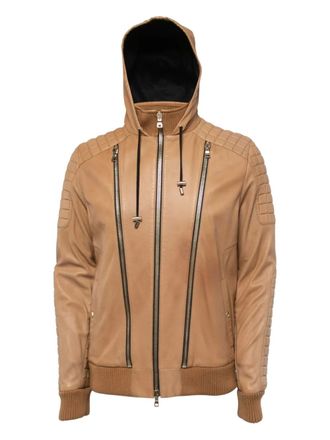 Balmain veste en cuir à zips - Marron