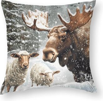 Generic 2er Set Zierkissenbez&uuml;ge Elch und Schaf Wintertag Dekorative Kissen Fall Stilvolles Kissenh&uuml;llen f&uuml;r Couch Sofa Stuhl 45X45cm