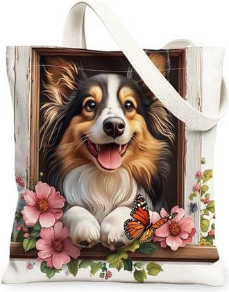 Generic Sac fourre-tout en toile motif chien de berger des Shetland pour le shopping, 33 x 38,1 cm, motif floral amusant, r&eacute;utilisable, sac d&eacute;picerie pour fem
