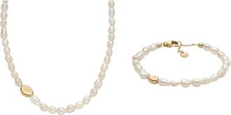 Skagen Womens Agnethe Pearl Necklace and Bracelet, Gold-Tone Stainless Steel Set